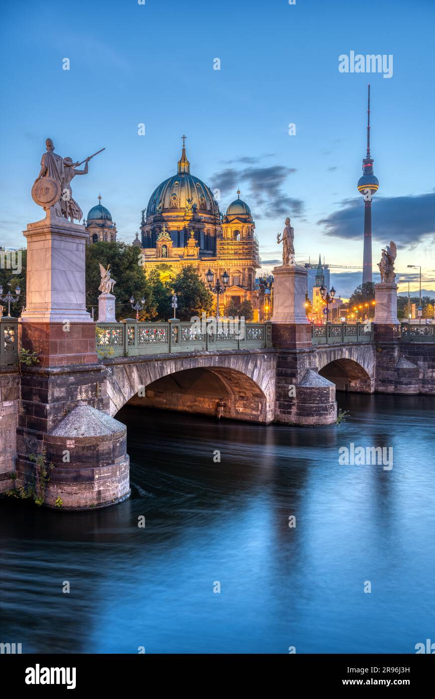 The Cathedral, the TV Tower and the Palace Bridge in Berlin in front of ...