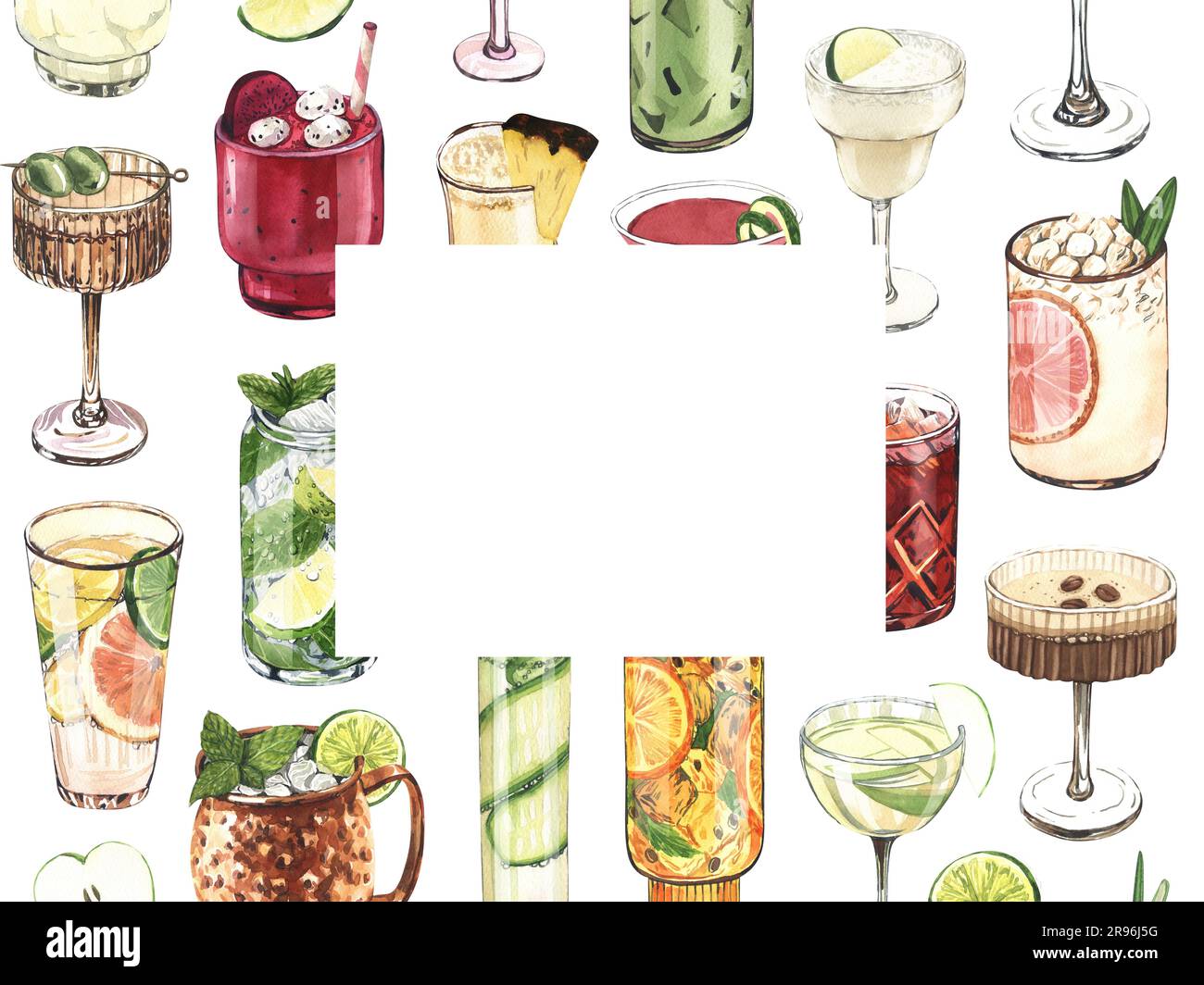 Watercolor frame, cocktail glasses: martini, gin,margarita,mojito ...