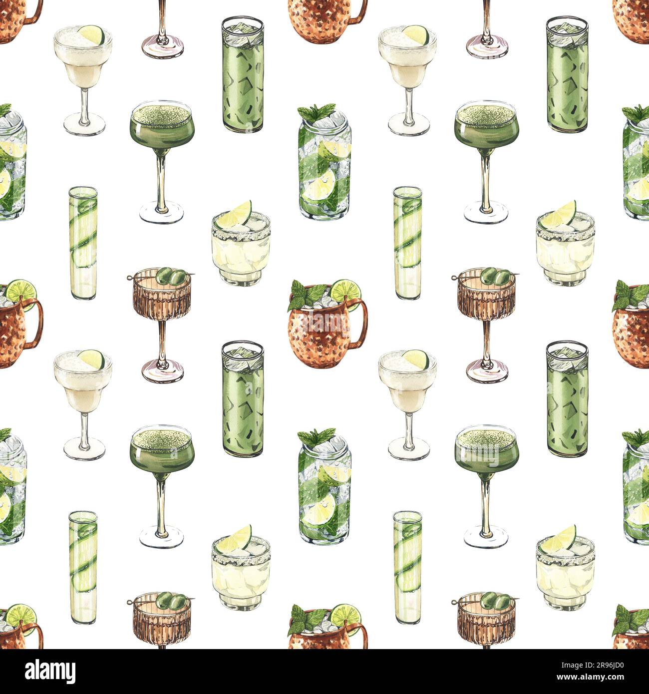 Watercolor seamless pattern, cocktail glasses: martini,mojito,liquor ...