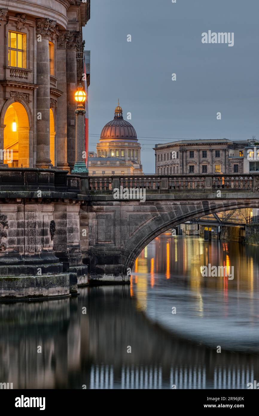Detailed view of Museum Island in Berlin at dawn with the reconstructed ...