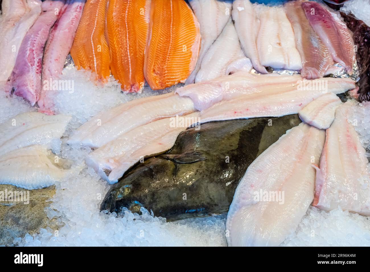 Fresh fish fillets for sale at the fish market in Bergen, Norway Stock ...