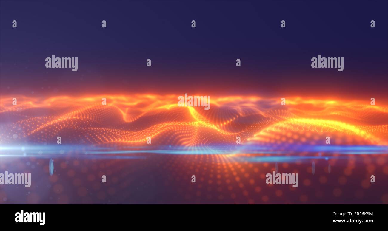 Abstract orange energy surface with magic waves of particles and points ...