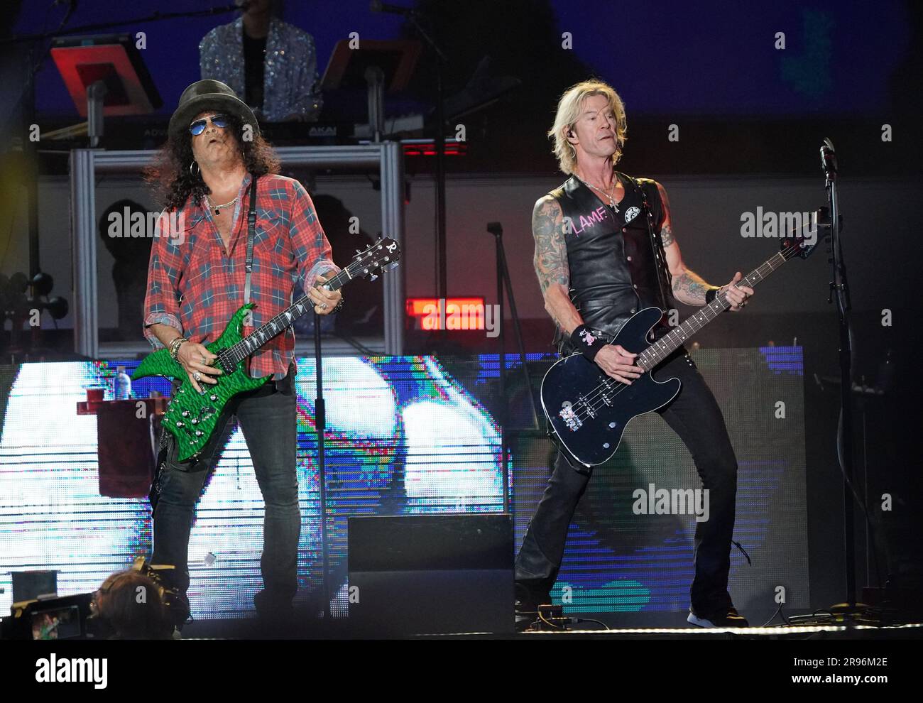 Guns N' Roses performing on the Pyramid Stage at the Glastonbury ...