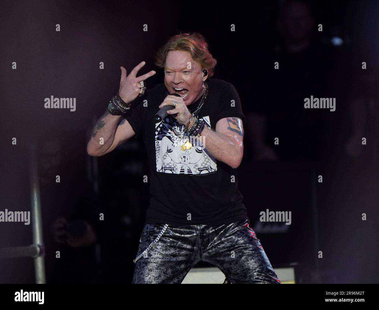 Axl Rose of Guns N' Roses performing on the Pyramid Stage at the Glastonbury Festival at Worthy ...