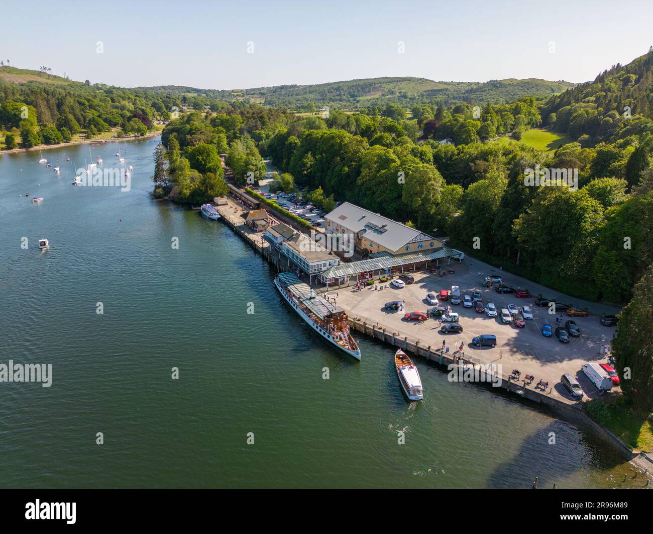 Aerial drone photo of lake Windermere in summer. It is the largest lake ...