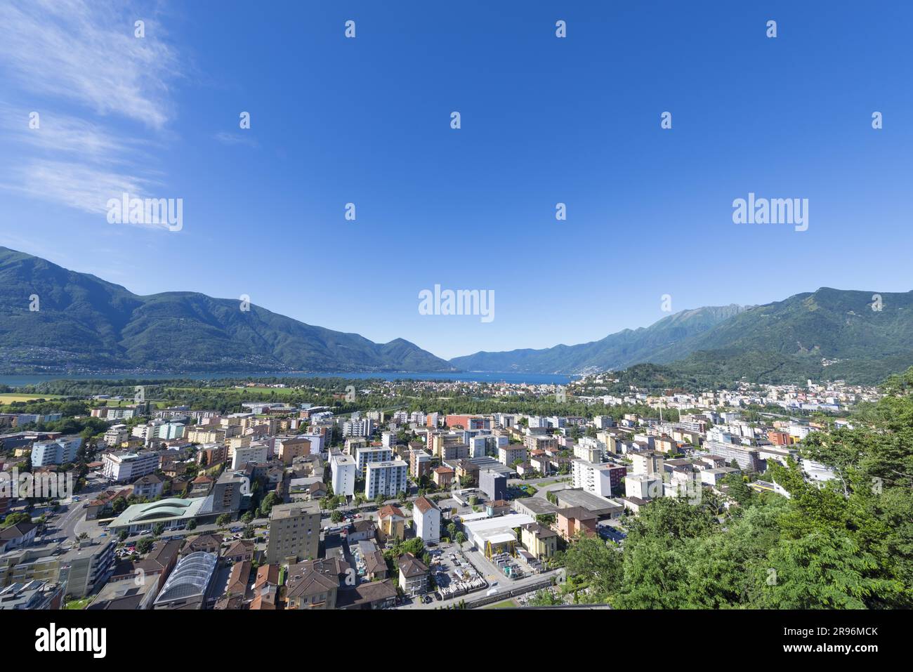 Panoramic view over an alpine town, lake Lago Maggiore, Locarno ...