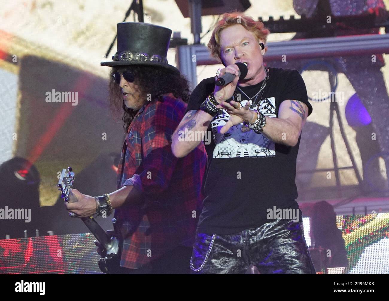 Slash and Axl Rose of Guns N' Roses performing on the Pyramid Stage at ...