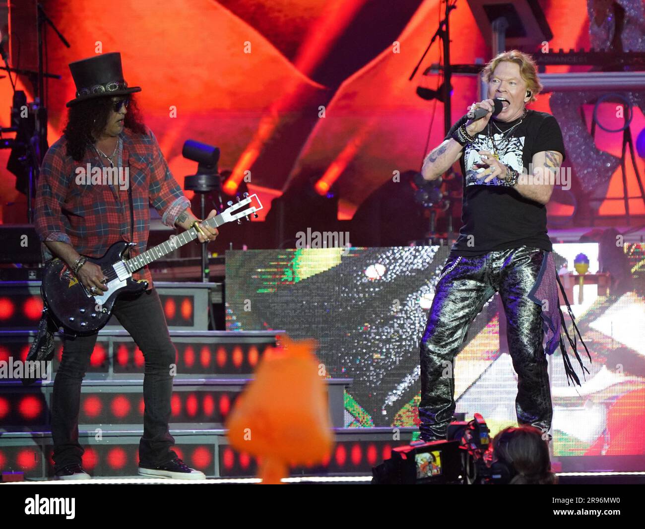 Slash and Axl Rose of Guns N' Roses performing on the Pyramid Stage at ...