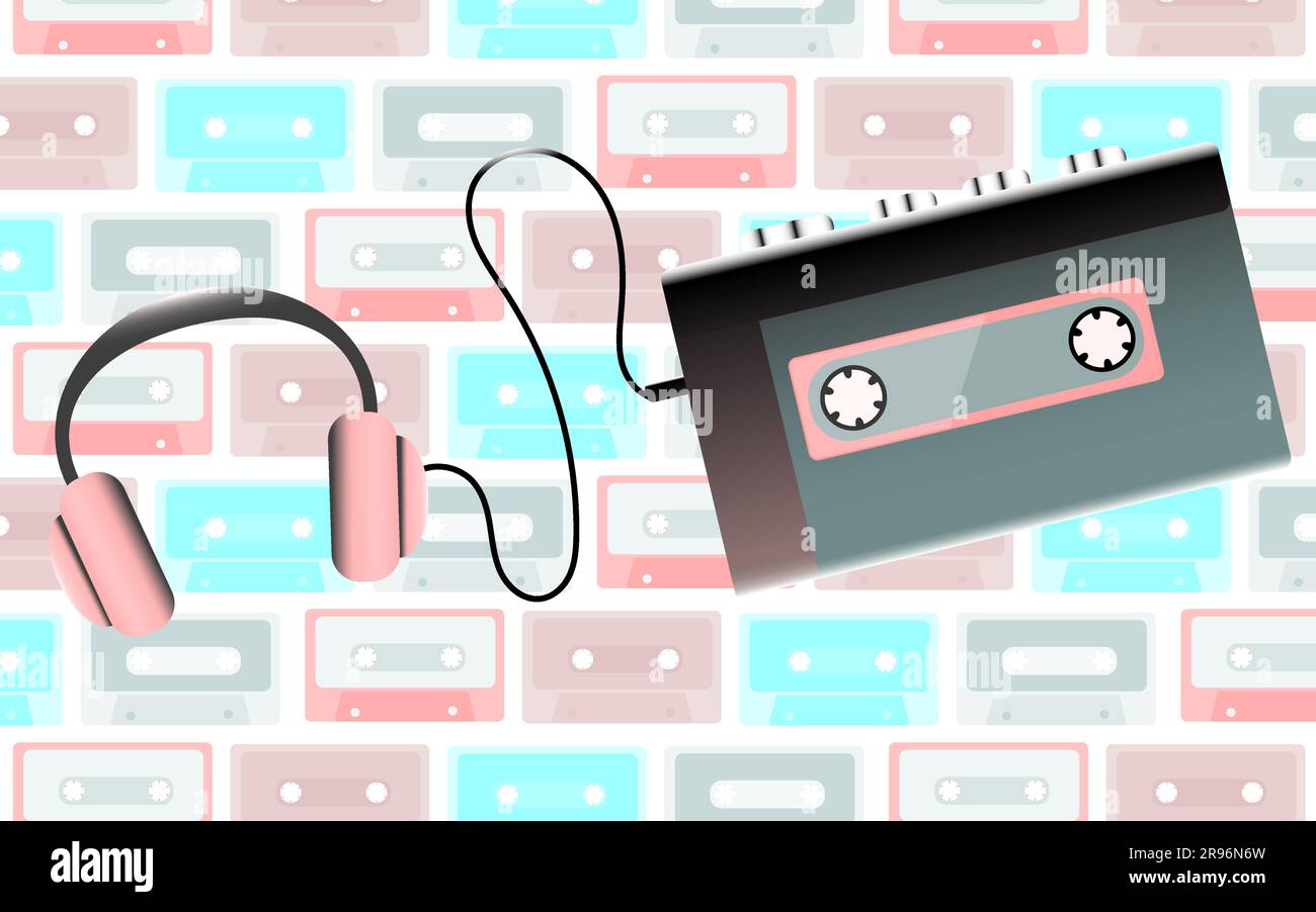 Pink old retro vintage hipster realistic portable music cassette audio ...