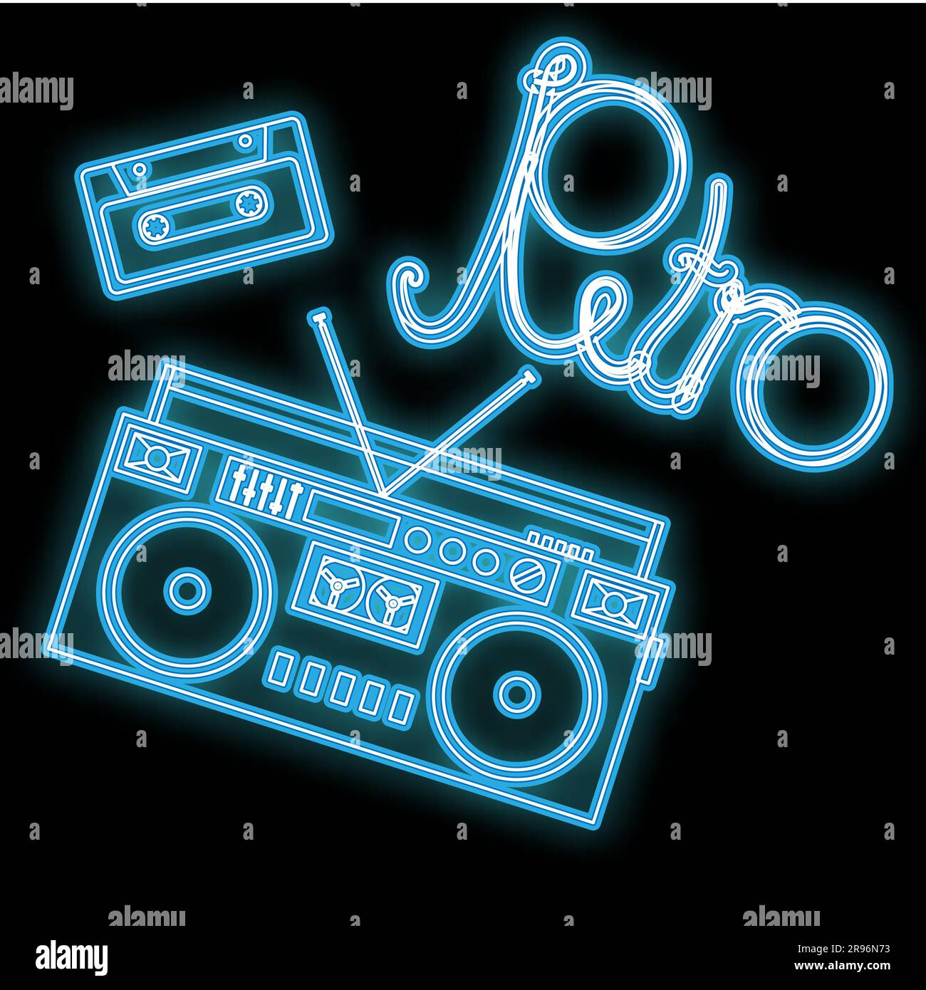 Beautiful blue bright glowing abstract neon sign in the form of an old ...