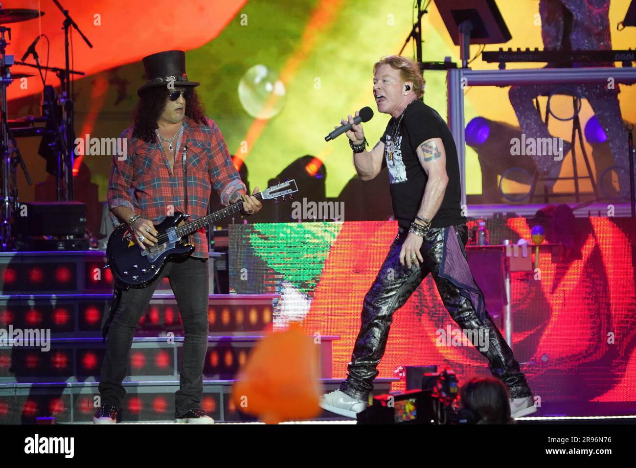 Slash and Axl Rose of Guns N' Roses performing on the Pyramid Stage at ...