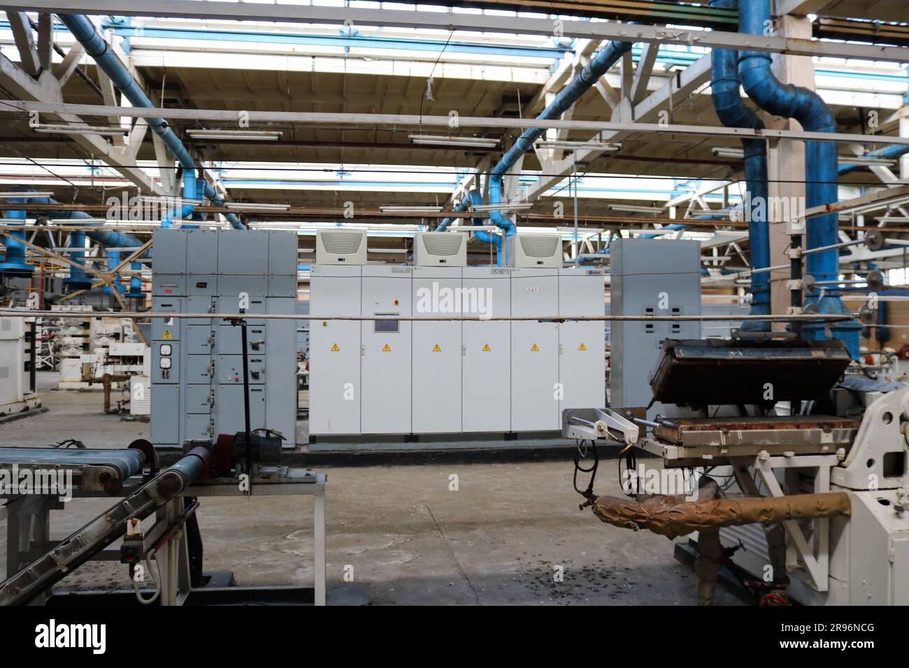 Beautiful metal industrial equipment of a production line at a machine ...