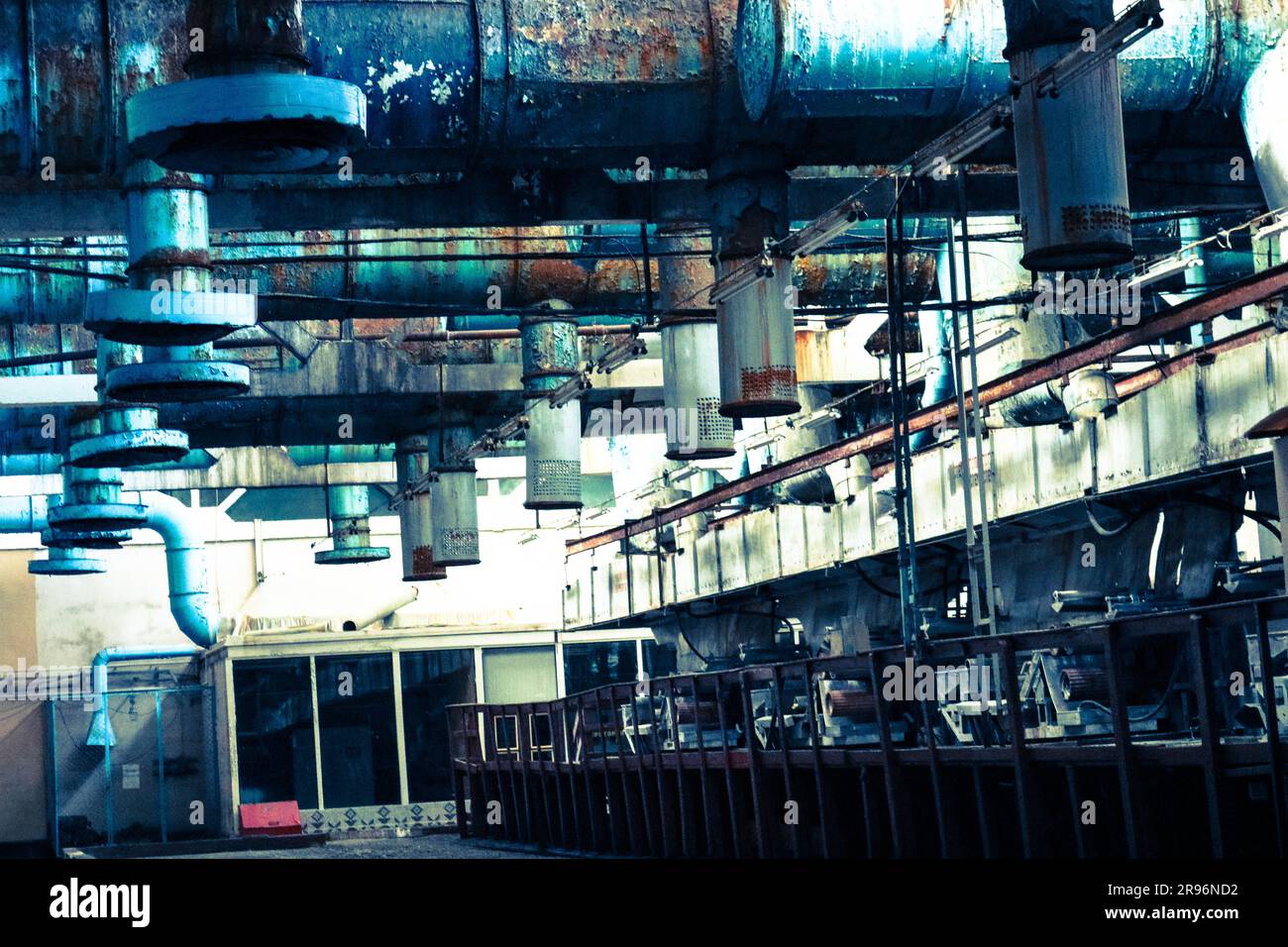 Old rusty peeling ceiling in a workshop at an industrial chemical ...