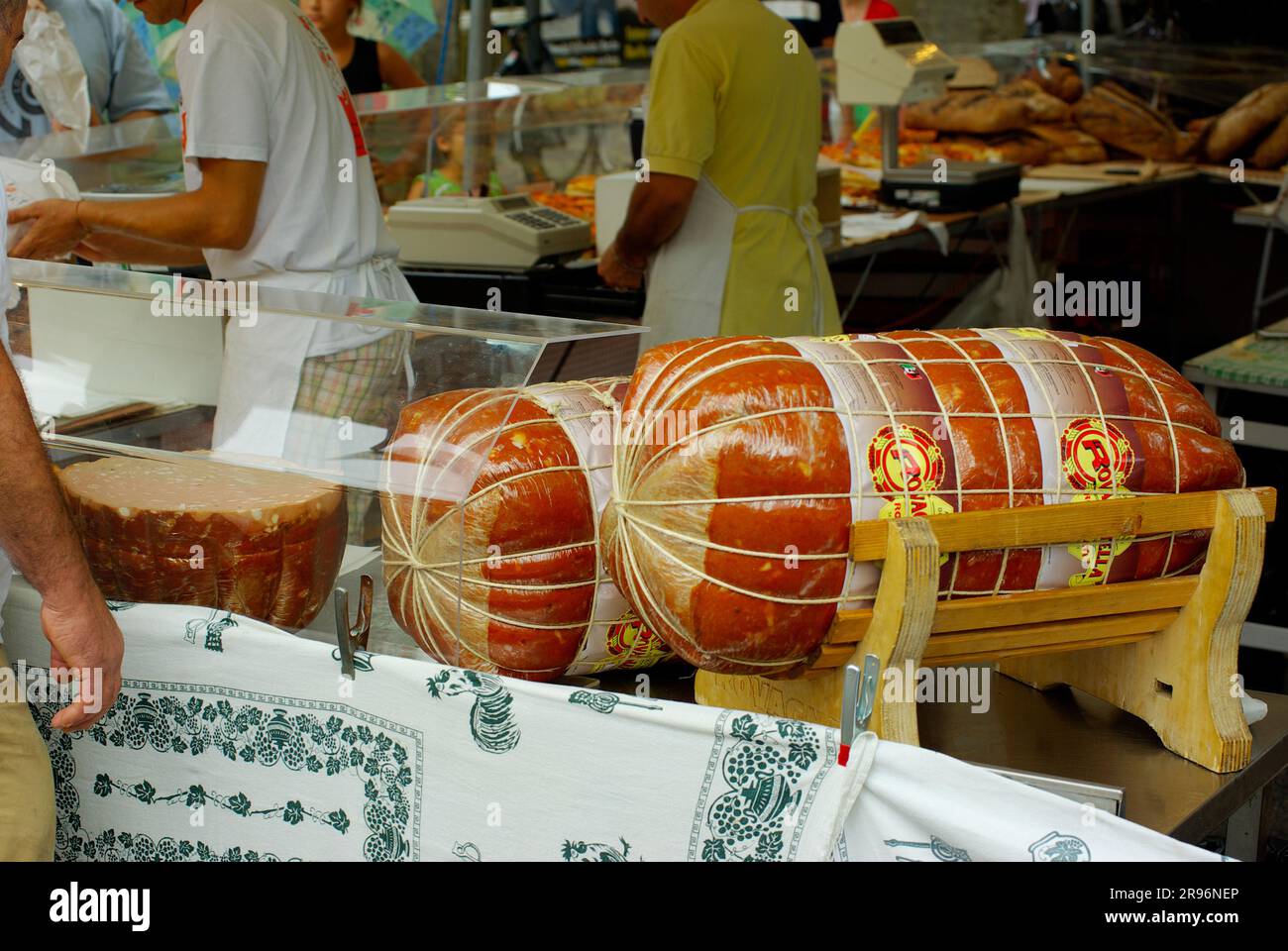 Giant mortadella at the market stall, sausage, sausage products, Italy ...