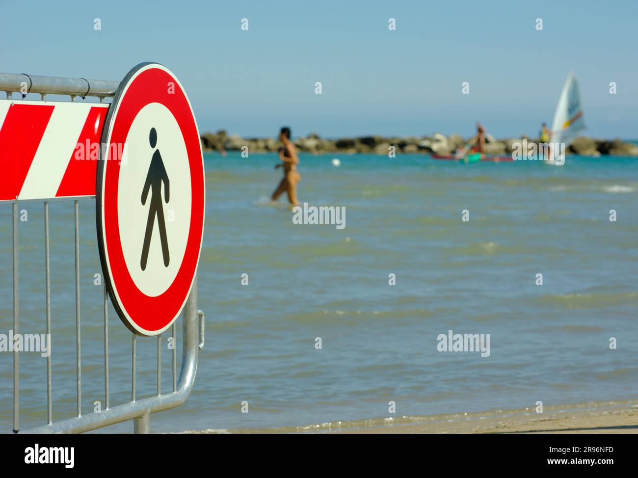 Sign on the beach 'Pedestrians forbidden', Pesaro, Italy Stock Photo ...