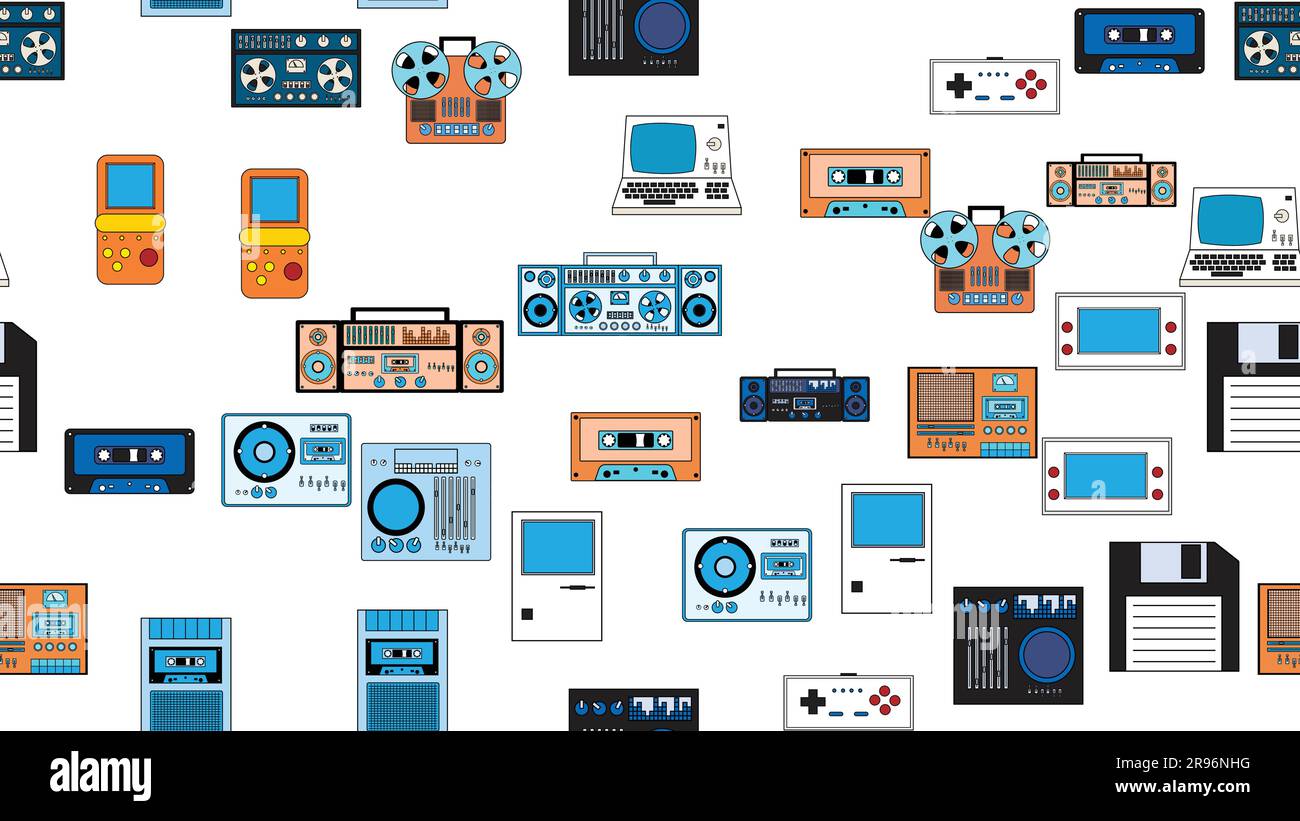 Seamless pattern endless with tech electronics equipment old retro ...