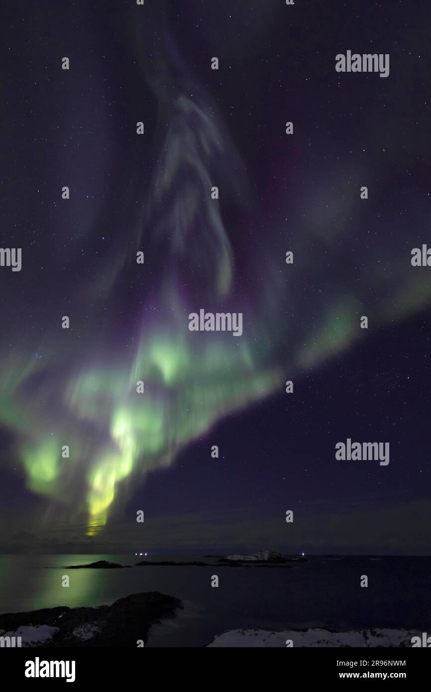 Northern Lights (Aurora borealis) in green and rare pink, Vesteralen ...