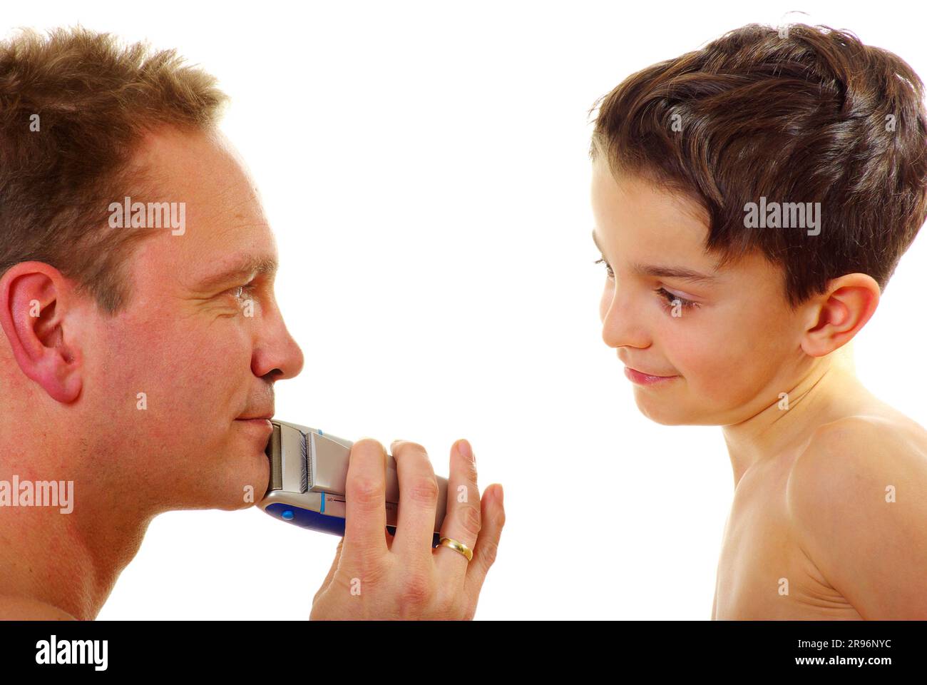 Father and son practice shaving, shaving, razor, dry shaver, sideways ...