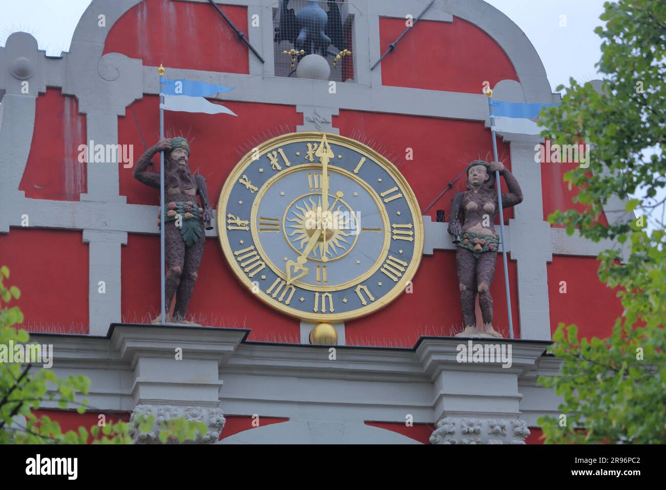 Gable of the town hall with clock and figures, detail, time, seven ...