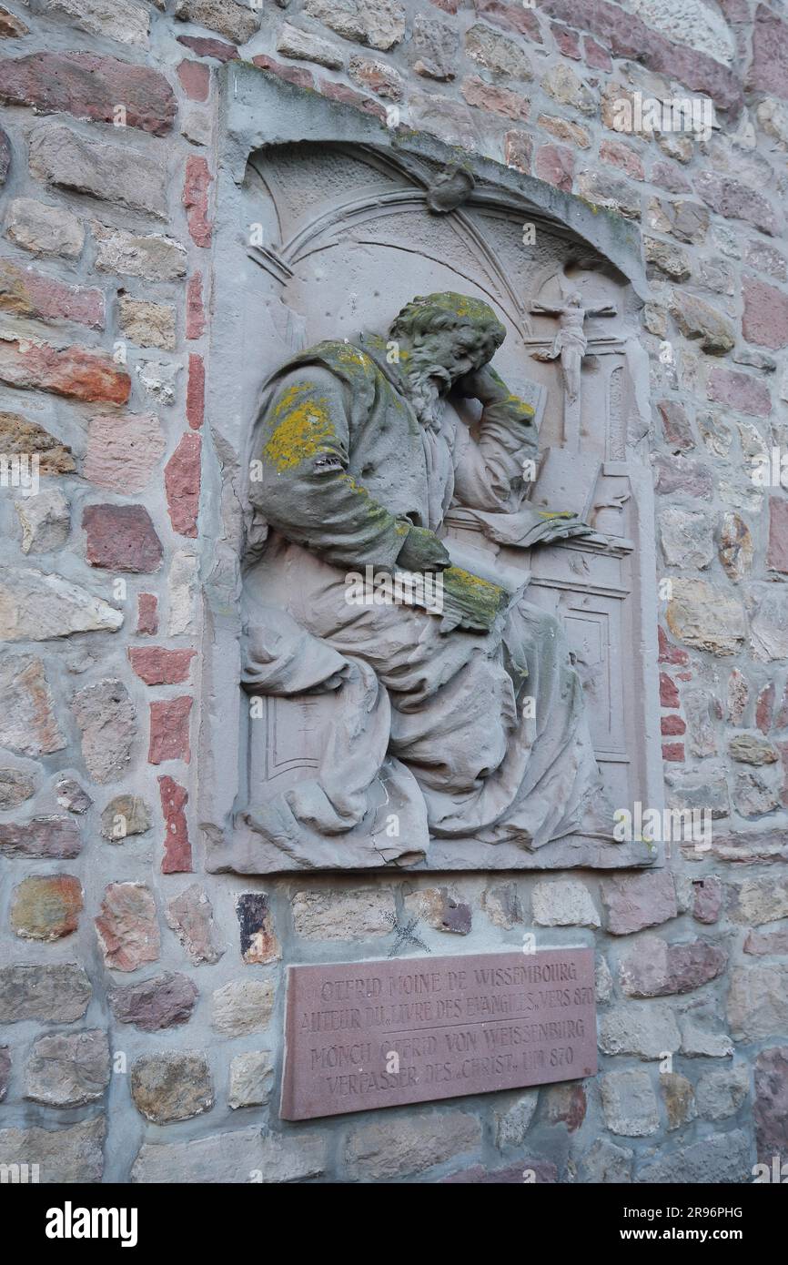 Monument with relief to Otfrid moine de Wissembourg 790-875, tithe barn ...