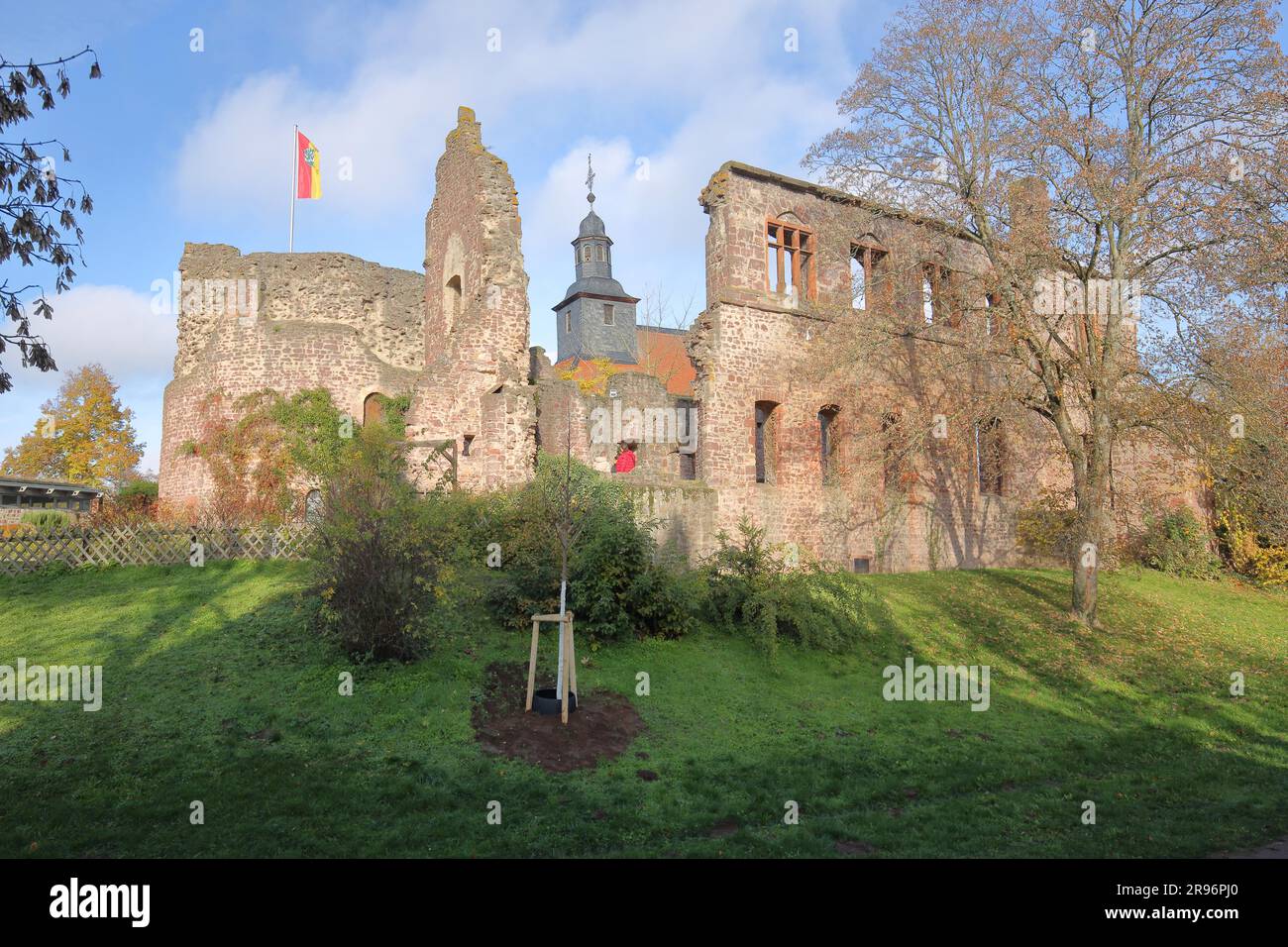 Romanesque palace of Hayn Castle and church tower, ruin, Dreieichenhain ...