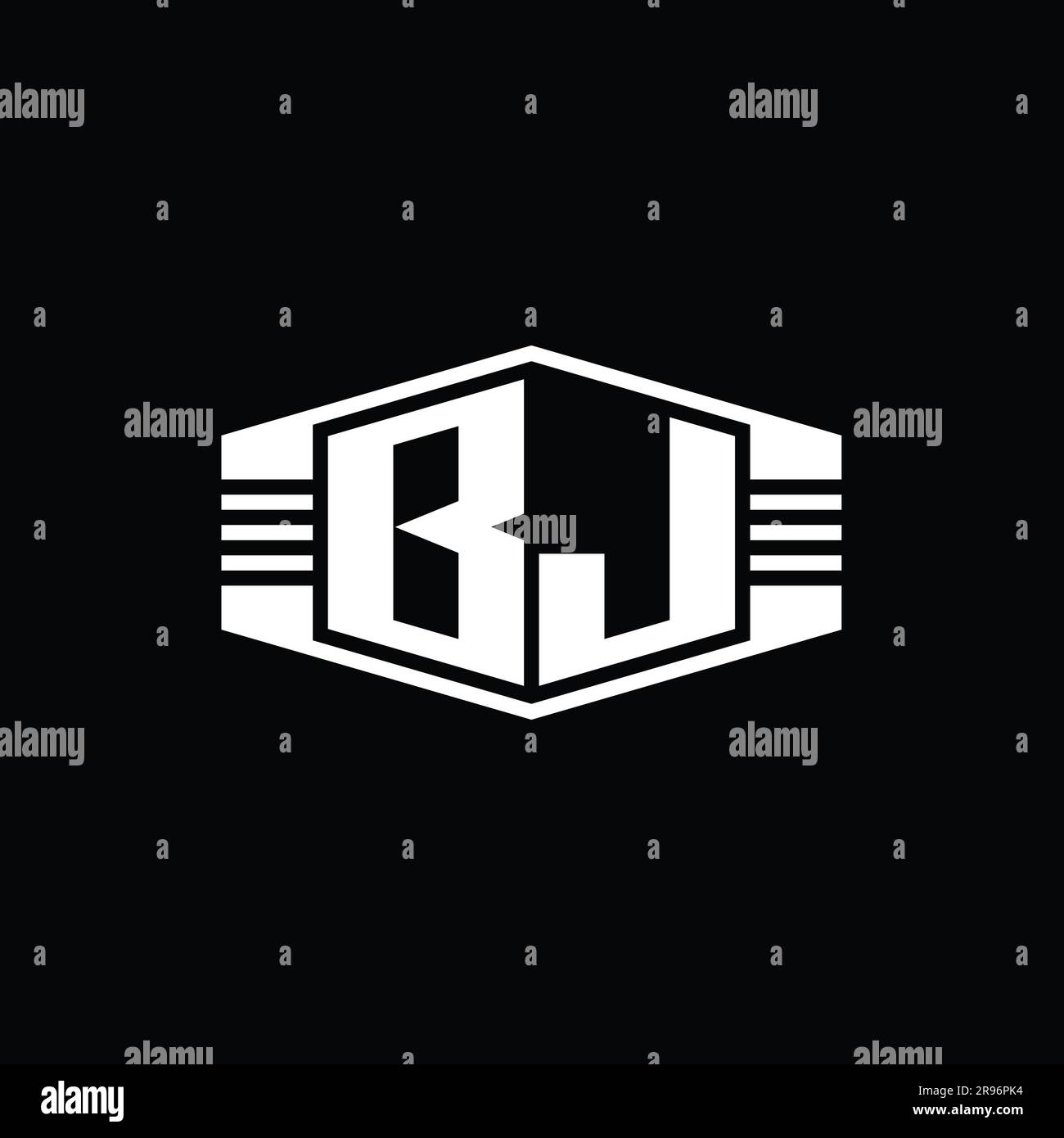 BJ Letter Logo monogram hexagon emblem shape with stripes outline style ...