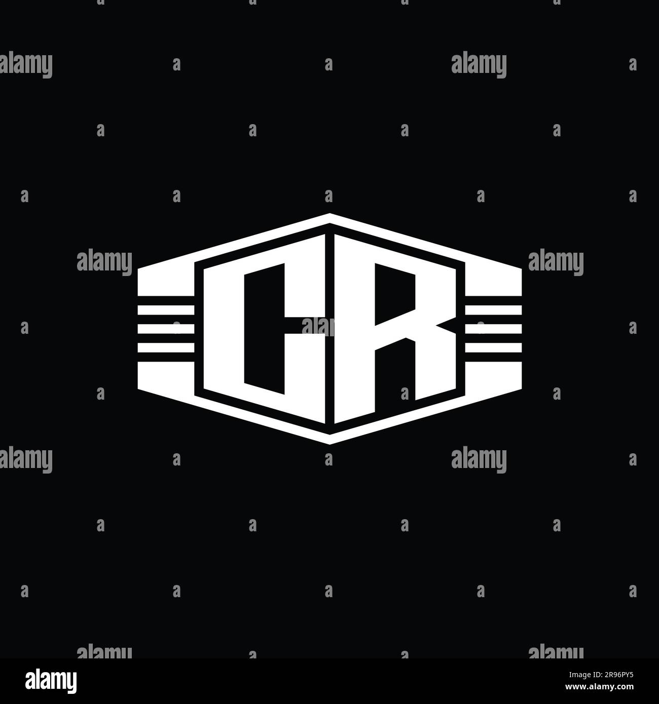 CR Letter Logo monogram hexagon emblem shape with stripes outline style ...