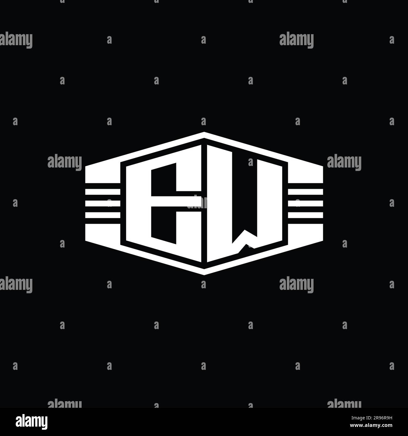 EW Letter Logo monogram hexagon emblem shape with stripes outline style ...