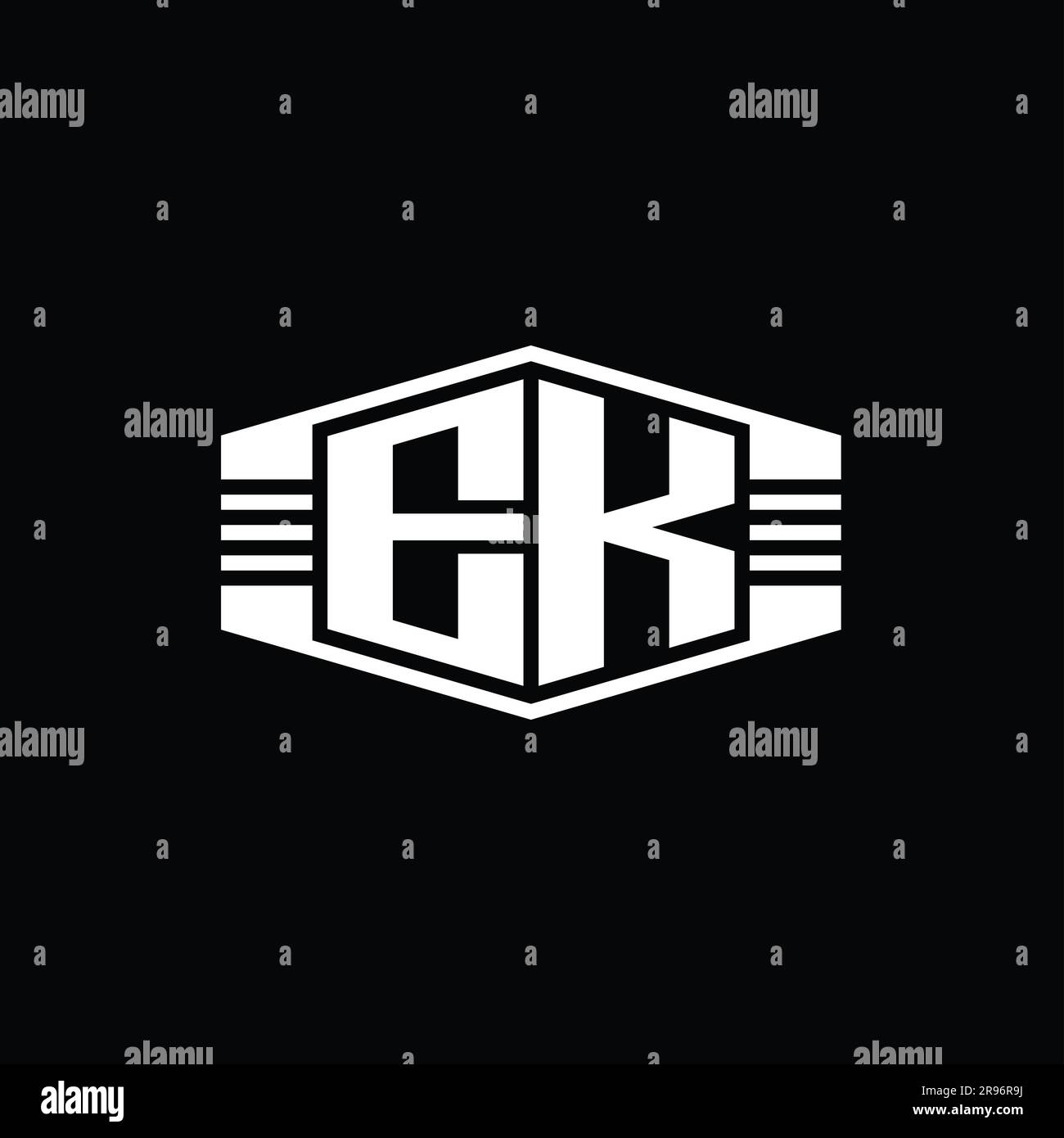 EK Letter Logo monogram hexagon emblem shape with stripes outline style ...
