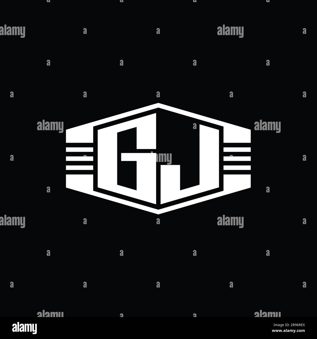 GJ Letter Logo monogram hexagon emblem shape with stripes outline style design template Stock ...