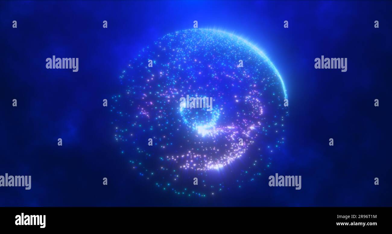 Abstract round blue and purple sphere made of flying particles glowing ...