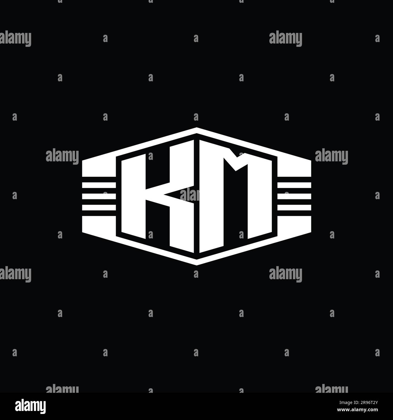 KM Letter Logo monogram hexagon emblem shape with stripes outline style ...