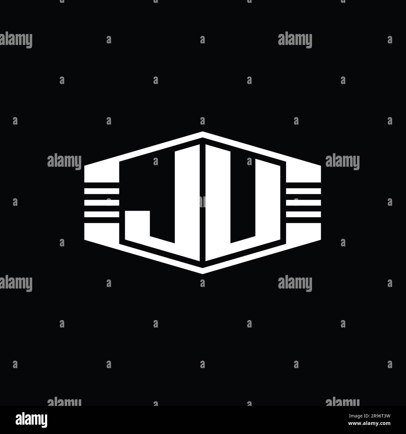 JU Letter Logo monogram hexagon emblem shape with stripes outline style ...