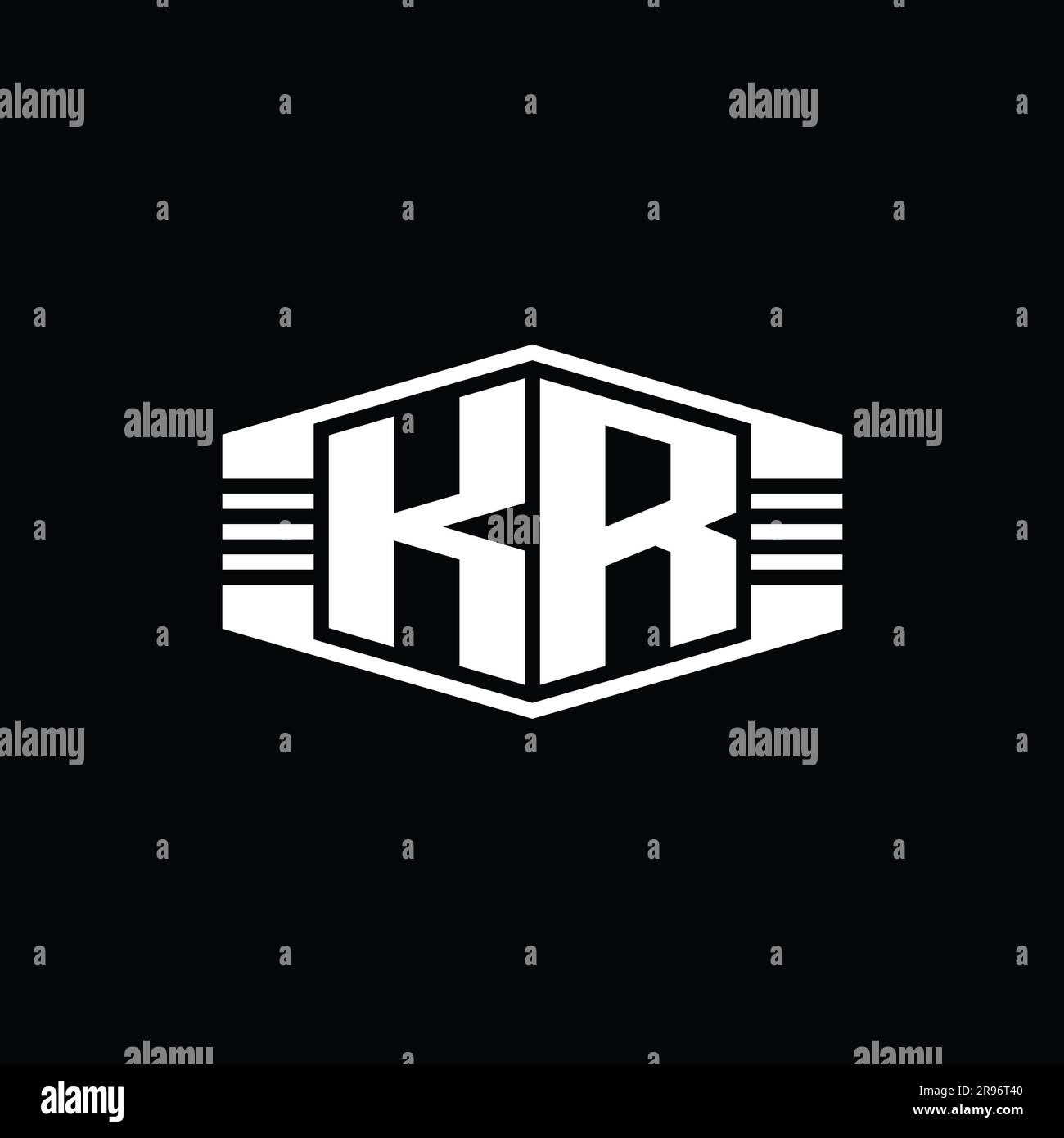 KR Letter Logo monogram hexagon emblem shape with stripes outline style ...