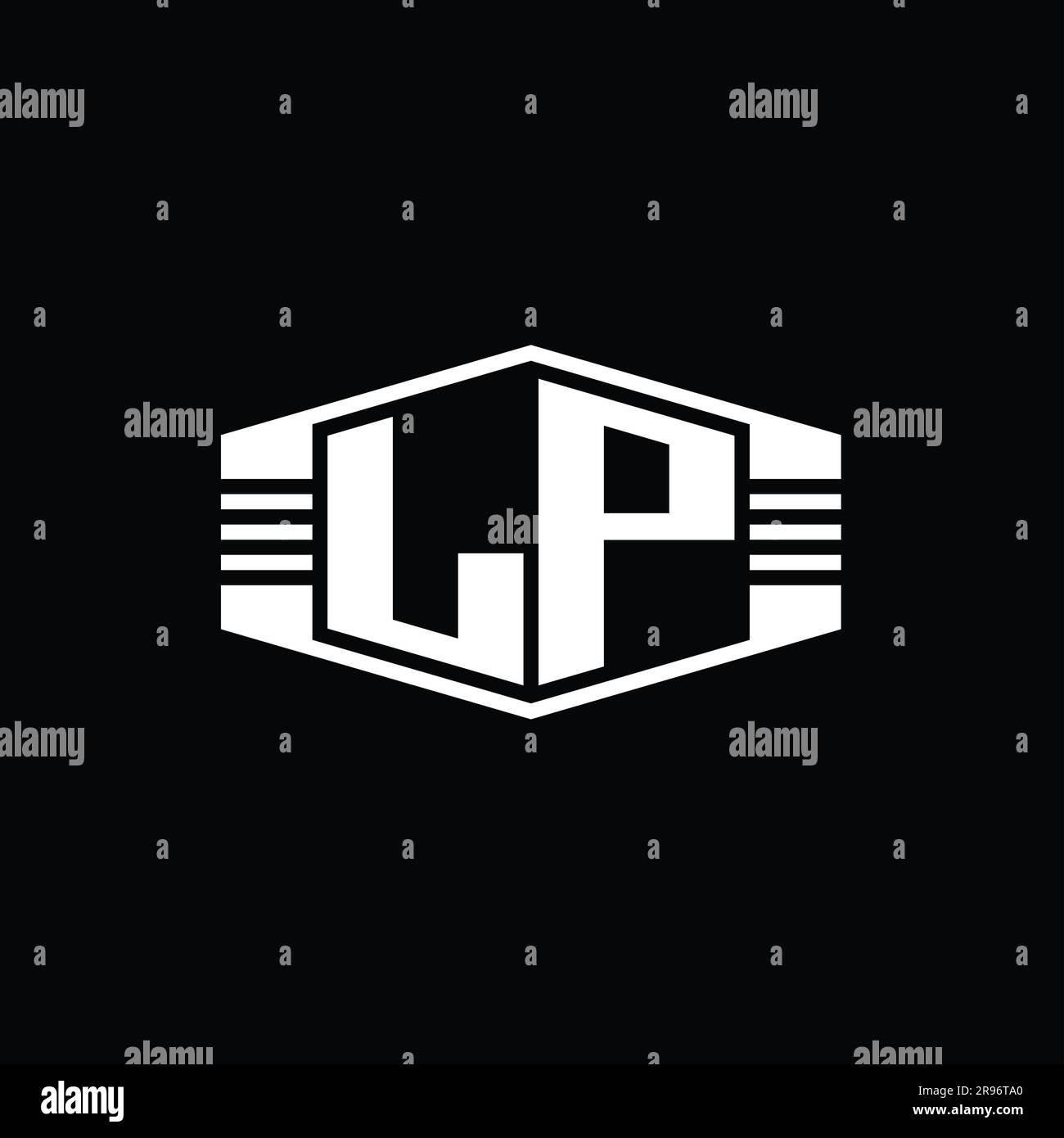 LP Letter Logo monogram hexagon emblem shape with stripes outline style ...