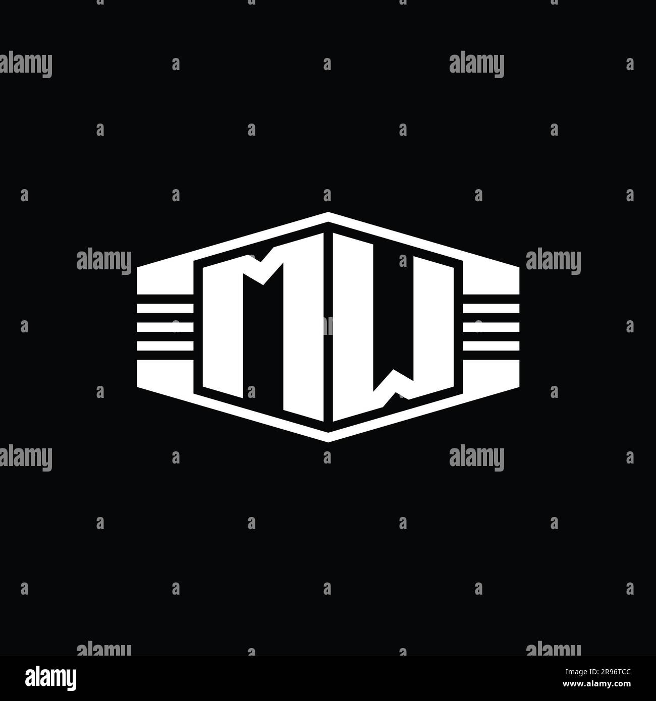 MW Letter Logo monogram hexagon emblem shape with stripes outline style ...