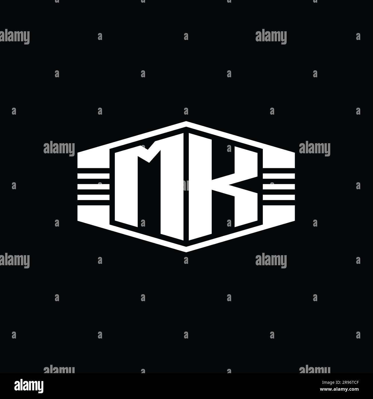 MK Letter Logo monogram hexagon emblem shape with stripes outline style ...