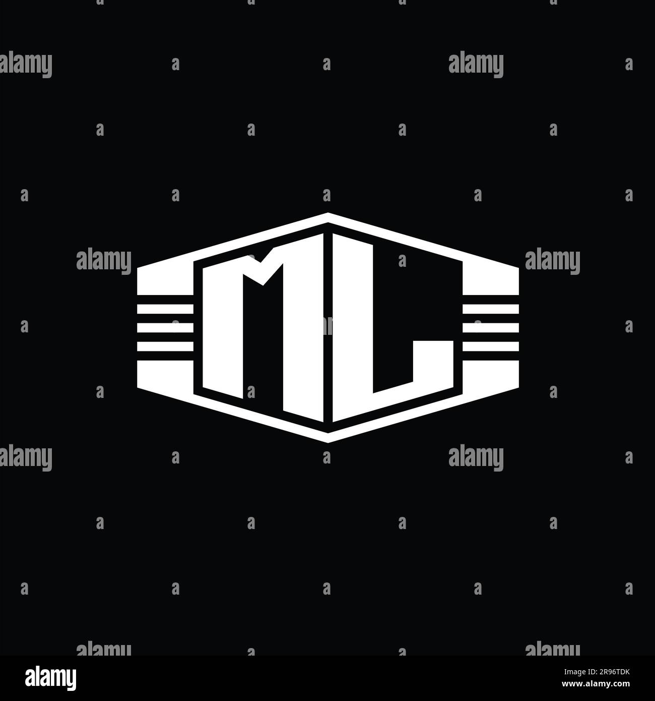 ML Letter Logo monogram hexagon emblem shape with stripes outline style design template Stock ...