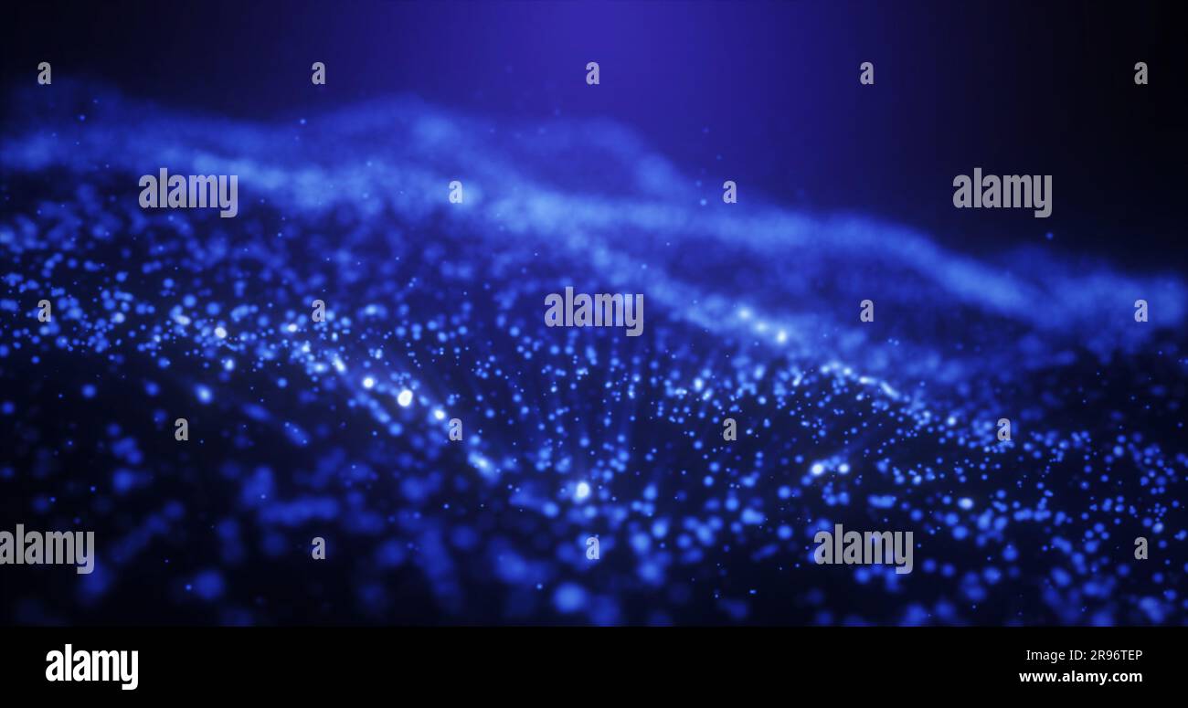 Abstract blue glowing energy waves from particles and magical dots with ...