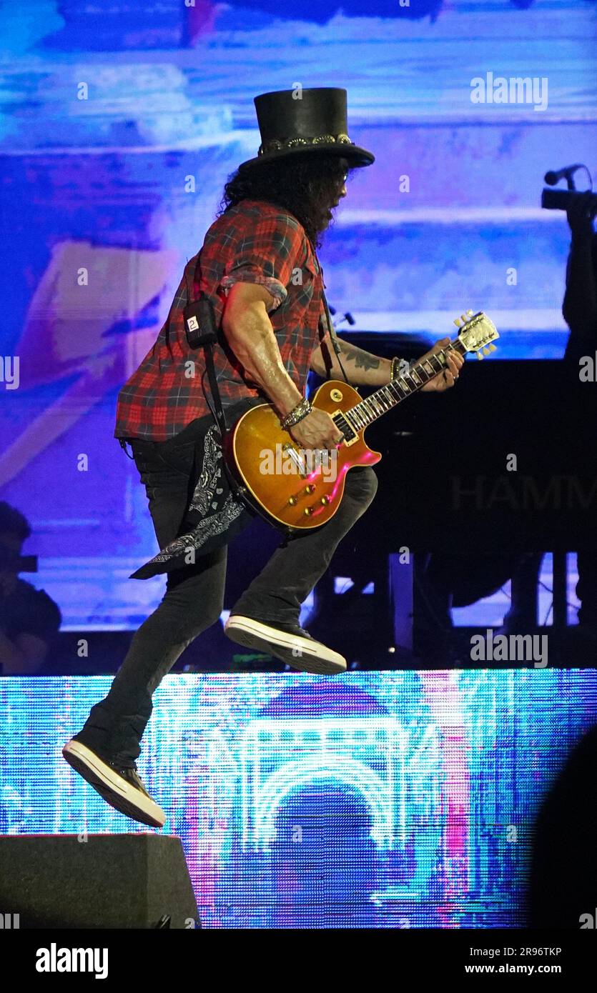 Slash from Guns N' Roses performing on the Pyramid Stage at the ...