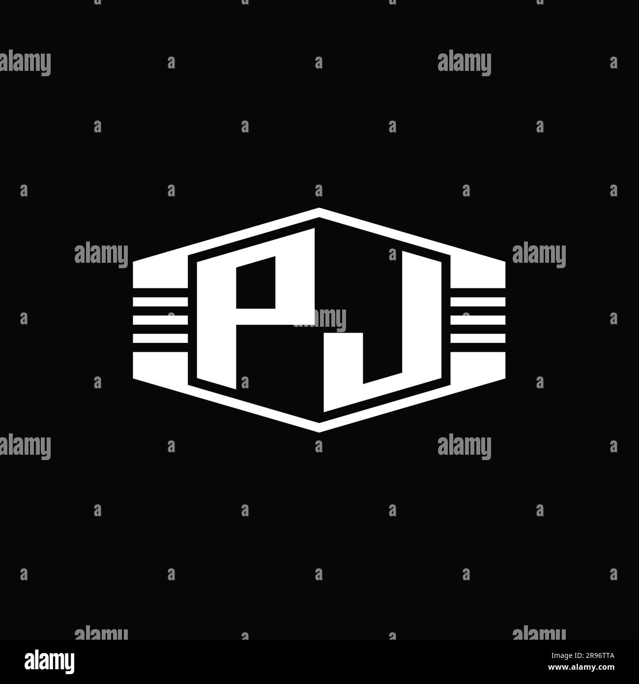 PJ Letter Logo monogram hexagon emblem shape with stripes outline style ...