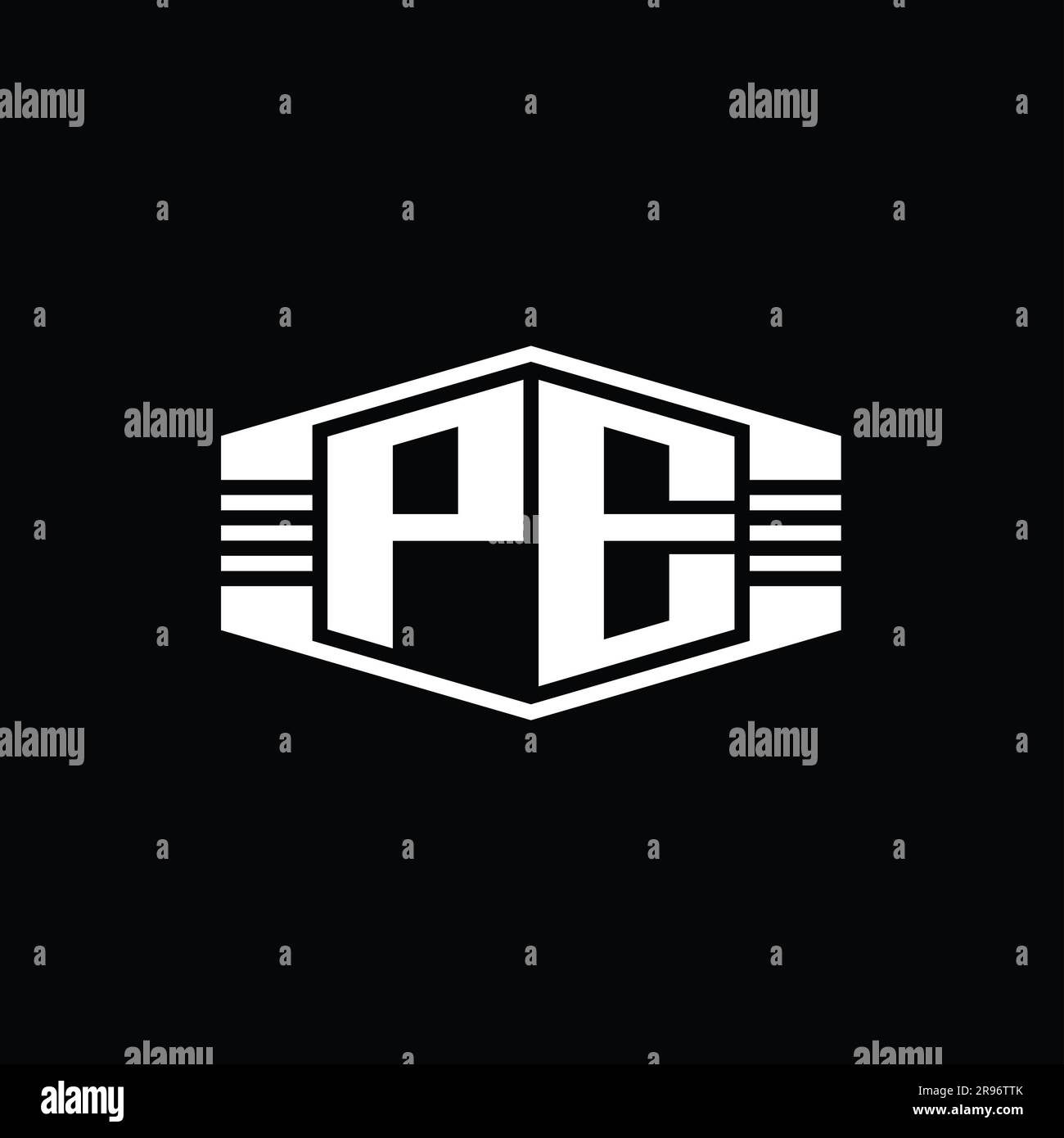 PE Letter Logo monogram hexagon emblem shape with stripes outline style ...