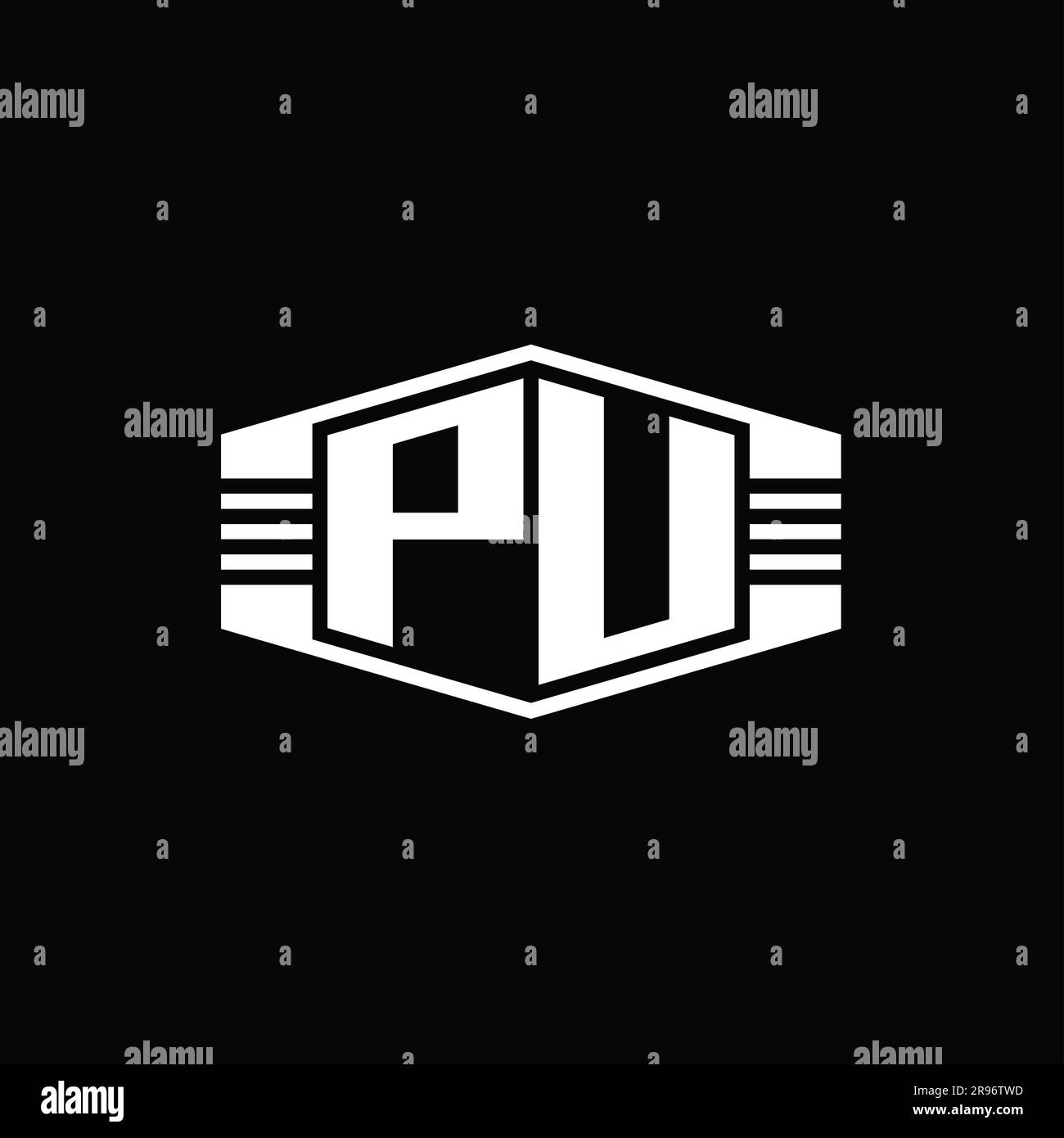 PU Letter Logo monogram hexagon emblem shape with stripes outline style ...