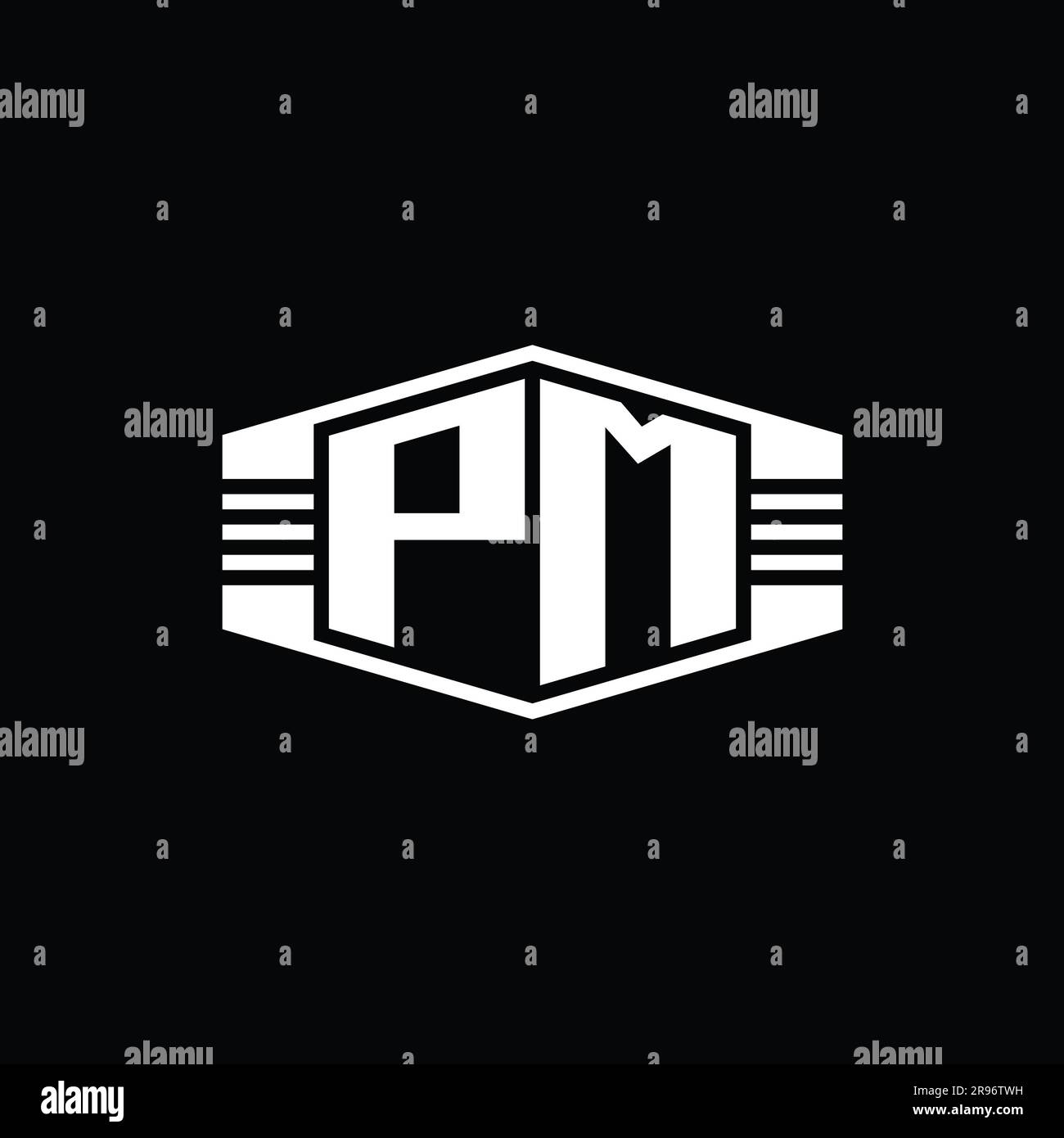 PM Letter Logo monogram hexagon emblem shape with stripes outline style ...
