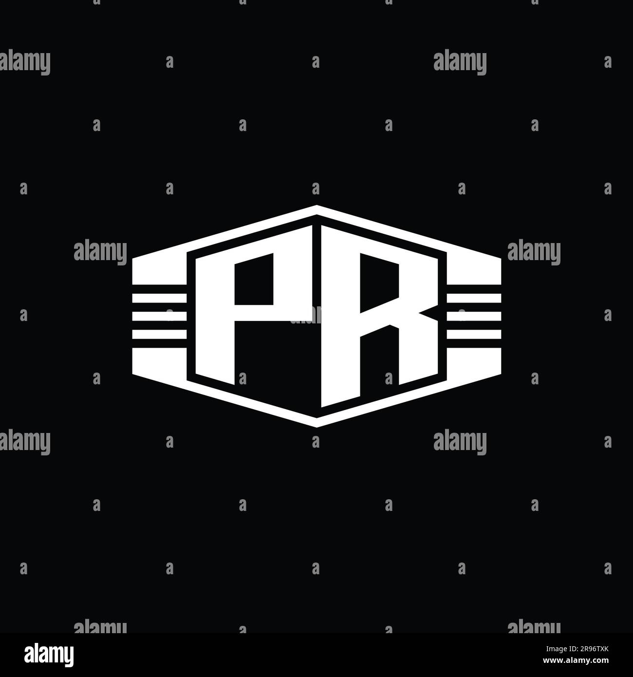 PR Letter Logo monogram hexagon emblem shape with stripes outline style design template Stock ...