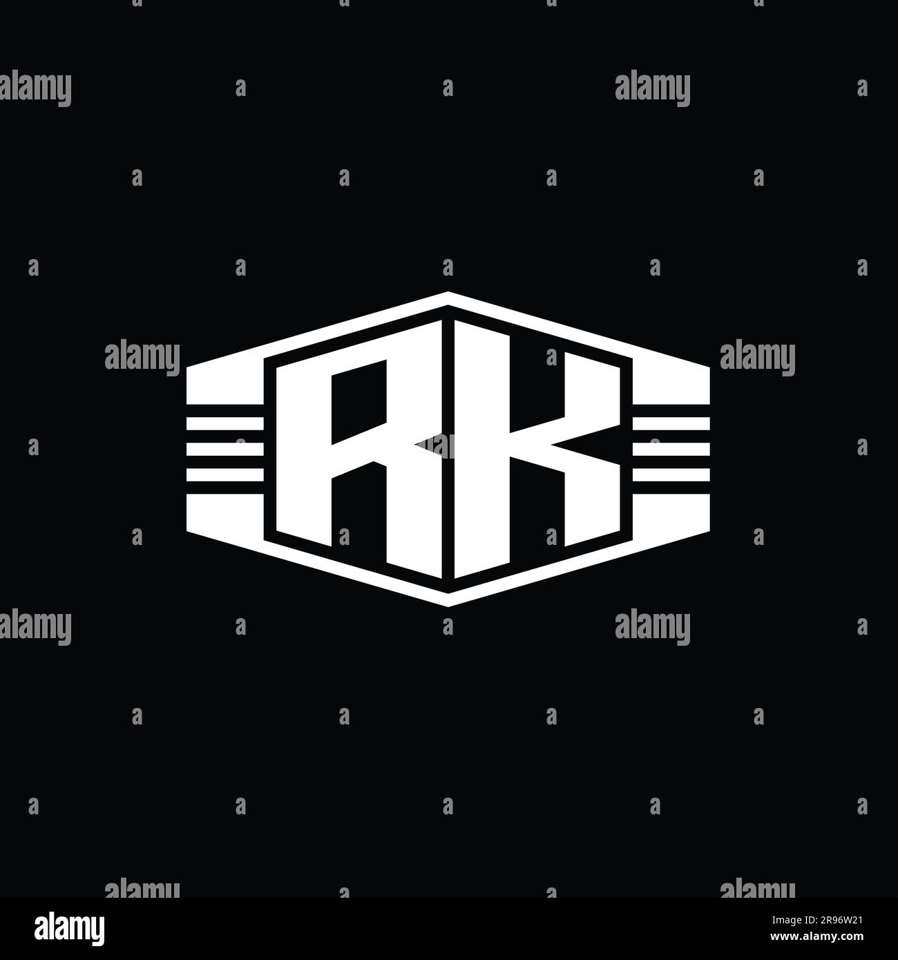 RK Letter Logo monogram hexagon emblem shape with stripes outline style ...