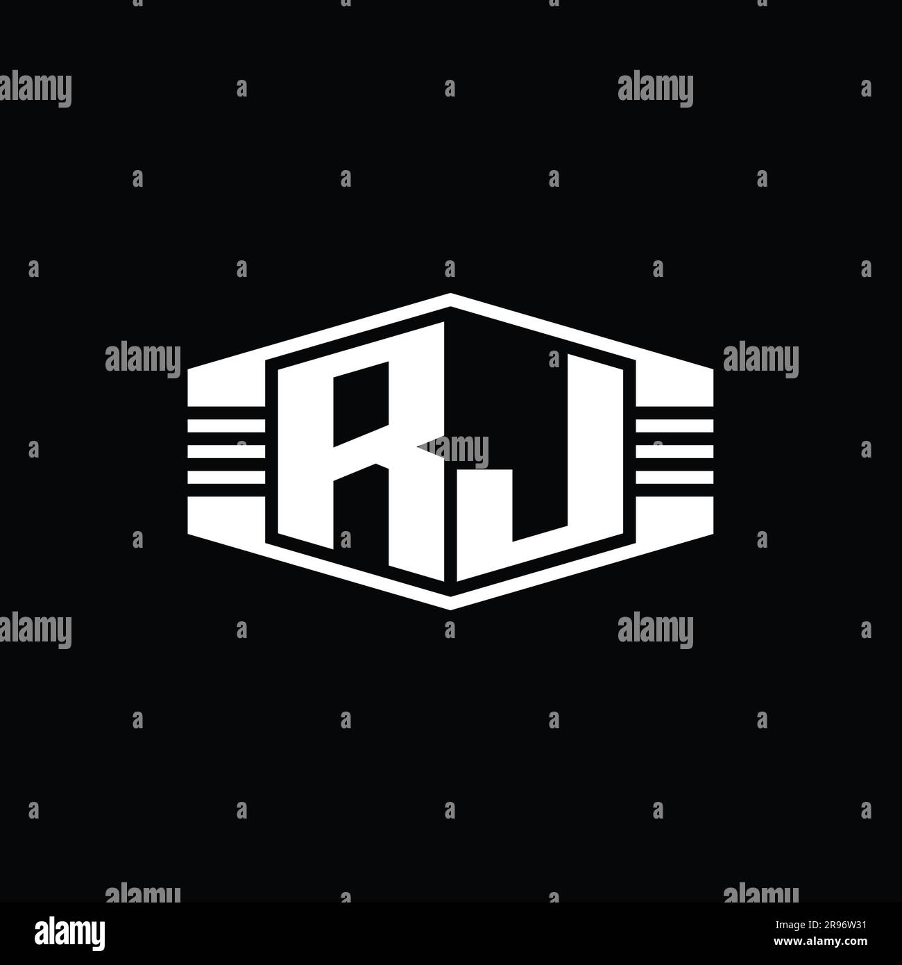 RJ Letter Logo monogram hexagon emblem shape with stripes outline style ...