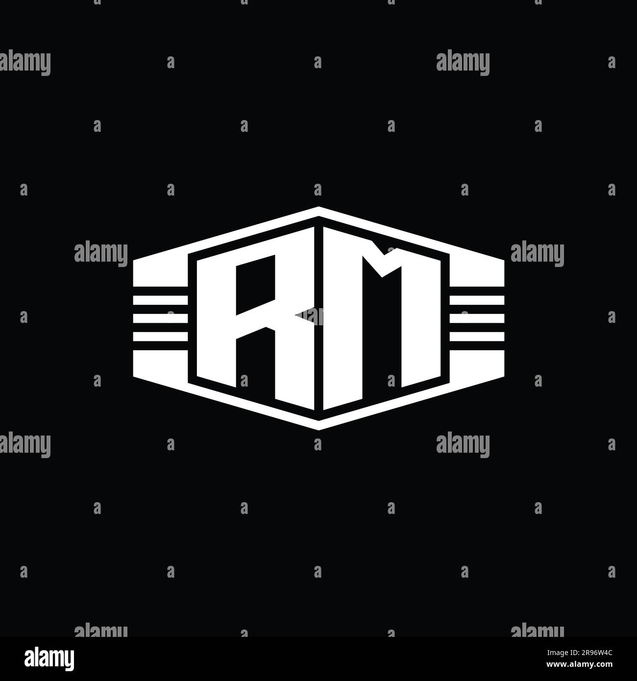 RM Letter Logo monogram hexagon emblem shape with stripes outline style ...
