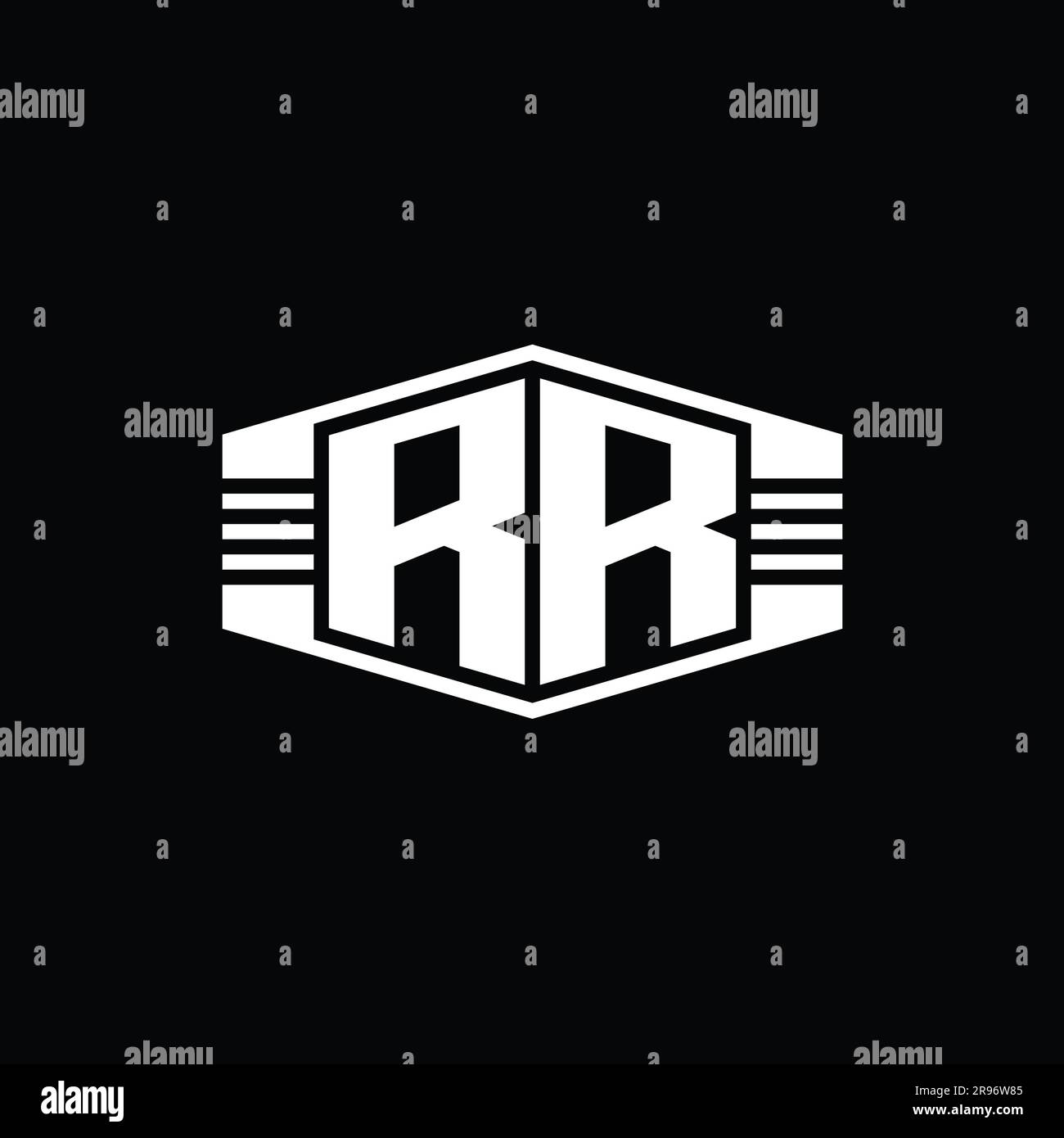 RR Letter Logo monogram hexagon emblem shape with stripes outline style ...