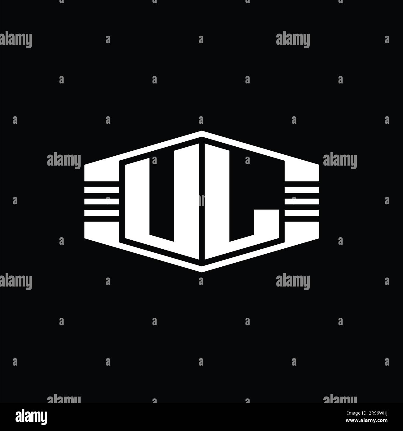 UL Letter Logo monogram hexagon emblem shape with stripes outline style ...